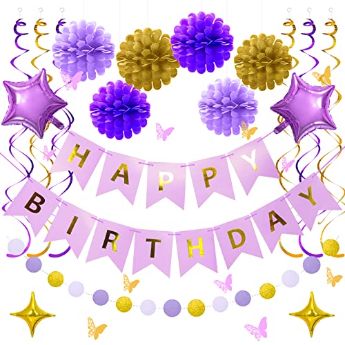 Purple Gold Birthday Party Decorations Set,Happy Birthday Banner with Tissue Paper Pom Poms,Butterfly Stickers,Circle Dot Garland,Foil Balloons and Hanging Swirls for Girls Women Adult Party Supplies