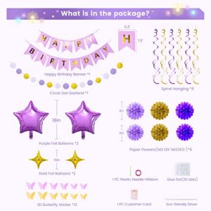 Purple Gold Birthday Party Decorations Set,Happy Birthday Banner with Tissue Paper Pom Poms,Butterfly Stickers,Circle Dot Garland,Foil Balloons and Hanging Swirls for Girls Women Adult Party Supplies