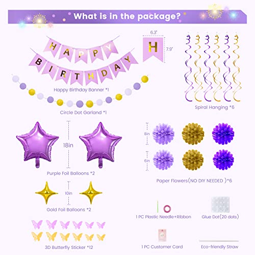 Purple Gold Birthday Party Decorations Set,Happy Birthday Banner with Tissue Paper Pom Poms,Butterfly Stickers,Circle Dot Garland,Foil Balloons and Hanging Swirls for Girls Women Adult Party Supplies