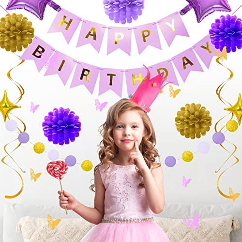 Purple Gold Birthday Party Decorations Set,Happy Birthday Banner with Tissue Paper Pom Poms,Butterfly Stickers,Circle Dot Garland,Foil Balloons and Hanging Swirls for Girls Women Adult Party Supplies