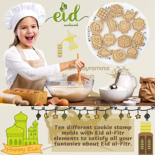 Eid Mubarak Cookie Cutters 10 Pieces Plastic Cookie Cutter Set for Baking -Mosque,Lantern,Anise Star,Church,Koran Book, Fasting Room,Moon and Stars,Malay Dumplings and More