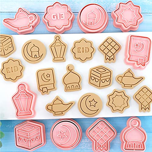 Eid Mubarak Cookie Cutters 10 Pieces Plastic Cookie Cutter Set for Baking -Mosque,Lantern,Anise Star,Church,Koran Book, Fasting Room,Moon and Stars,Malay Dumplings and More