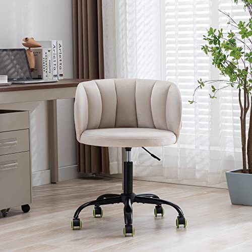 ayoodfo Home Office Desk Chair Modern Velvet Rolling Chair, Adjustable Task Chair with Mid-Back Swivel Office Chair, Accent Chairs Upholstered Armchair Vanity Chair for Living Room, Bedroom, Beige