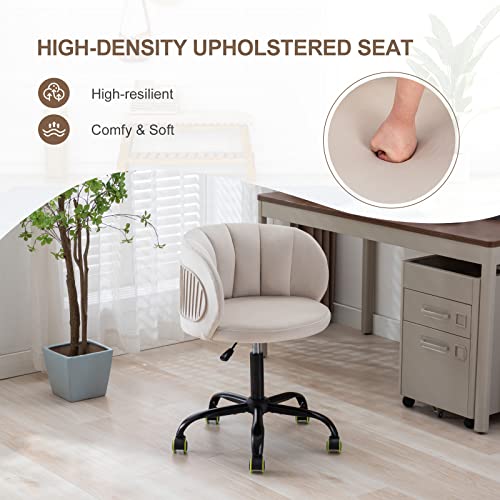 ayoodfo Home Office Desk Chair Modern Velvet Rolling Chair, Adjustable Task Chair with Mid-Back Swivel Office Chair, Accent Chairs Upholstered Armchair Vanity Chair for Living Room, Bedroom, Beige