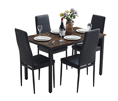 Tassullo Dining Table and Chair Set for 4, 47 Inch MDF Tabletop Kitchen Table Set with High Back PU Leather Chairs, Nesting for Space Saving (Table & Chair Set)