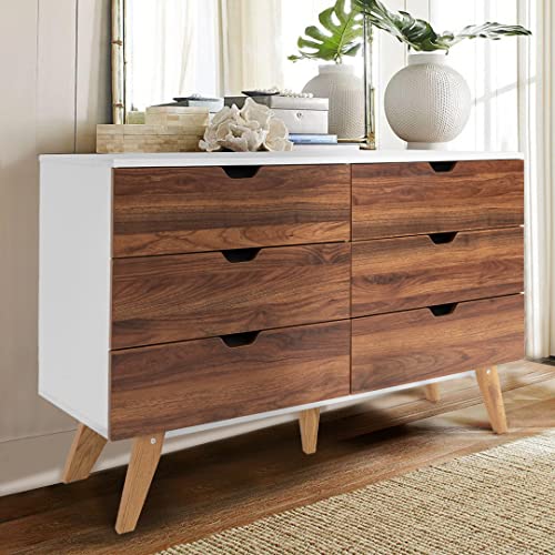 EazeHome 6 Drawer Dresser, Wood Storage Chest of Drawers, Rustic Style Dresser with Wide Drawers, Double Dresser for Bedroom