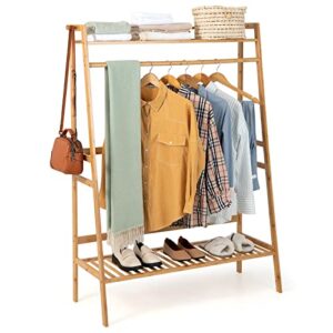 goflame bamboo garment rack, heavy duty clothes rack w/top shelf, hanging rod, shoe storage shelf, side hooks, freestanding coat rack, clothing storage organizer for bedroom living room