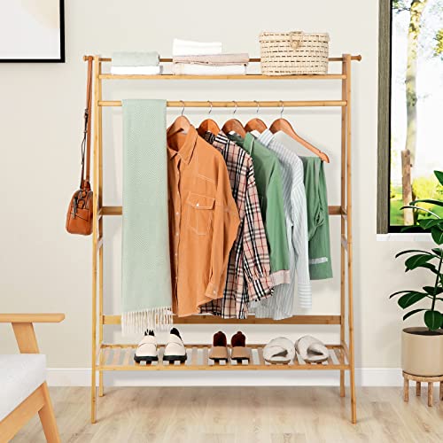 GOFLAME Bamboo Garment Rack, Heavy Duty Clothes Rack w/Top Shelf, Hanging Rod, Shoe Storage Shelf, Side Hooks, Freestanding Coat Rack, Clothing Storage Organizer for Bedroom Living Room