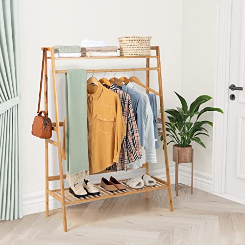 GOFLAME Bamboo Garment Rack, Heavy Duty Clothes Rack w/Top Shelf, Hanging Rod, Shoe Storage Shelf, Side Hooks, Freestanding Coat Rack, Clothing Storage Organizer for Bedroom Living Room