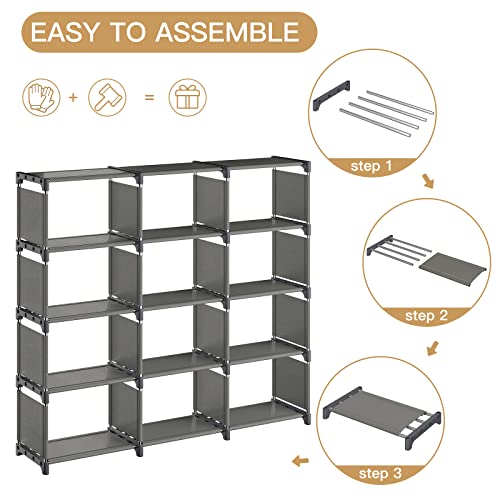 REIBII Bookshelf for Bedroom Book Shelf Organizer Bookcase Tall Book Case 12 Cube Storage Organizer Cube Shelf Grey Cubby Storage Organizer Shelves for Bedroom Living Room Closet Office DIY