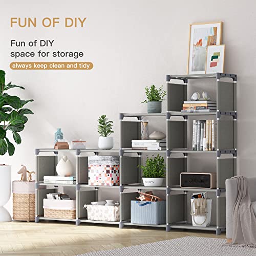 REIBII Bookshelf for Bedroom Book Shelf Organizer Bookcase Tall Book Case 12 Cube Storage Organizer Cube Shelf Grey Cubby Storage Organizer Shelves for Bedroom Living Room Closet Office DIY