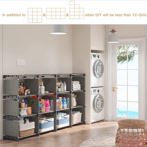 REIBII Bookshelf for Bedroom Book Shelf Organizer Bookcase Tall Book Case 12 Cube Storage Organizer Cube Shelf Grey Cubby Storage Organizer Shelves for Bedroom Living Room Closet Office DIY