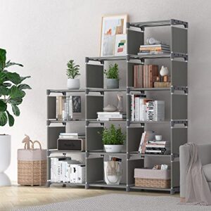 REIBII Bookshelf for Bedroom Book Shelf Organizer Bookcase Tall Book Case 12 Cube Storage Organizer Cube Shelf Grey Cubby Storage Organizer Shelves for Bedroom Living Room Closet Office DIY