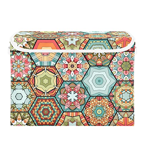 FOLIOSA Large Storage Bin Tote Organizing Container with Durable Lid and Handle & Velcro, Stackable and Nestable, for Home Organization Decorative, 11.8 x 12.6 x 16.5 inches, Ethnic Style Hexagonal