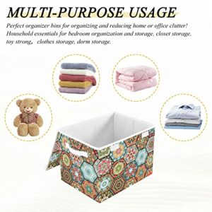 FOLIOSA Large Storage Bin Tote Organizing Container with Durable Lid and Handle & Velcro, Stackable and Nestable, for Home Organization Decorative, 11.8 x 12.6 x 16.5 inches, Ethnic Style Hexagonal