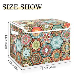 FOLIOSA Large Storage Bin Tote Organizing Container with Durable Lid and Handle & Velcro, Stackable and Nestable, for Home Organization Decorative, 11.8 x 12.6 x 16.5 inches, Ethnic Style Hexagonal