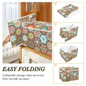 FOLIOSA Large Storage Bin Tote Organizing Container with Durable Lid and Handle & Velcro, Stackable and Nestable, for Home Organization Decorative, 11.8 x 12.6 x 16.5 inches, Ethnic Style Hexagonal