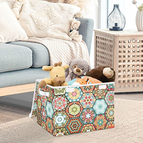 FOLIOSA Large Storage Bin Tote Organizing Container with Durable Lid and Handle & Velcro, Stackable and Nestable, for Home Organization Decorative, 11.8 x 12.6 x 16.5 inches, Ethnic Style Hexagonal