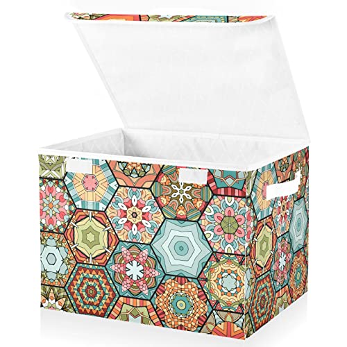 FOLIOSA Large Storage Bin Tote Organizing Container with Durable Lid and Handle & Velcro, Stackable and Nestable, for Home Organization Decorative, 11.8 x 12.6 x 16.5 inches, Ethnic Style Hexagonal