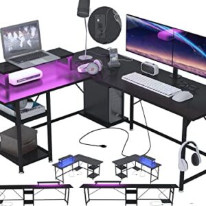 DLIUZ l Shaped Computer Desk with Monitor Stand and Power Outlets,Gaming Desk with Storage Shelf and LED Lights,Home Office Reversible Corner Modern Desk or 2 Person Long Table with Hooks (Black)