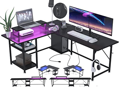 DLIUZ l Shaped Computer Desk with Monitor Stand and Power Outlets,Gaming Desk with Storage Shelf and LED Lights,Home Office Reversible Corner Modern Desk or 2 Person Long Table with Hooks (Black)