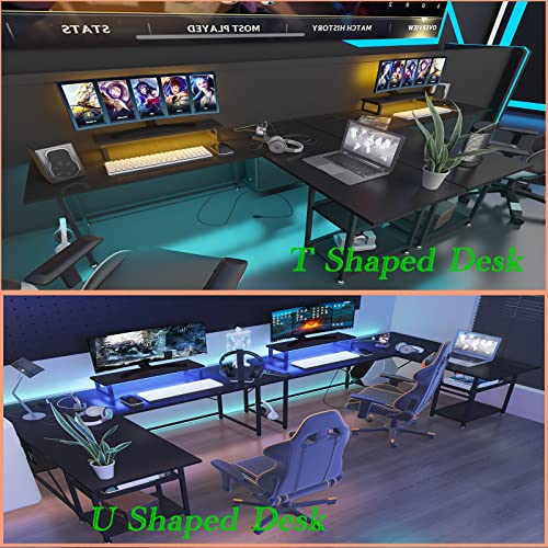 DLIUZ l Shaped Computer Desk with Monitor Stand and Power Outlets,Gaming Desk with Storage Shelf and LED Lights,Home Office Reversible Corner Modern Desk or 2 Person Long Table with Hooks (Black)