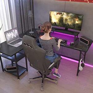 DLIUZ l Shaped Computer Desk with Monitor Stand and Power Outlets,Gaming Desk with Storage Shelf and LED Lights,Home Office Reversible Corner Modern Desk or 2 Person Long Table with Hooks (Black)