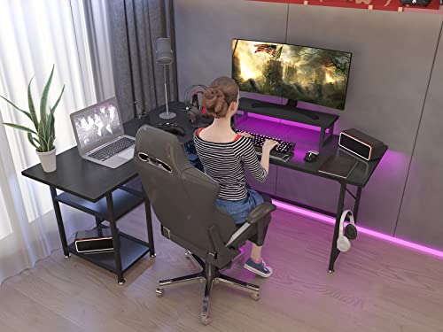 DLIUZ l Shaped Computer Desk with Monitor Stand and Power Outlets,Gaming Desk with Storage Shelf and LED Lights,Home Office Reversible Corner Modern Desk or 2 Person Long Table with Hooks (Black)