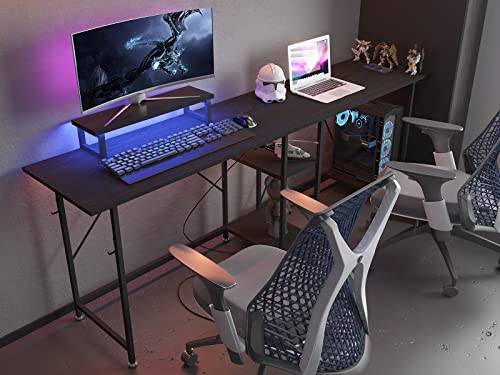 DLIUZ l Shaped Computer Desk with Monitor Stand and Power Outlets,Gaming Desk with Storage Shelf and LED Lights,Home Office Reversible Corner Modern Desk or 2 Person Long Table with Hooks (Black)