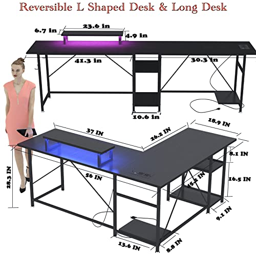 DLIUZ l Shaped Computer Desk with Monitor Stand and Power Outlets,Gaming Desk with Storage Shelf and LED Lights,Home Office Reversible Corner Modern Desk or 2 Person Long Table with Hooks (Black)