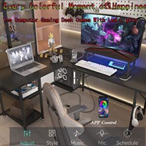 DLIUZ l Shaped Computer Desk with Monitor Stand and Power Outlets,Gaming Desk with Storage Shelf and LED Lights,Home Office Reversible Corner Modern Desk or 2 Person Long Table with Hooks (Black)