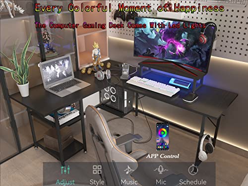 DLIUZ l Shaped Computer Desk with Monitor Stand and Power Outlets,Gaming Desk with Storage Shelf and LED Lights,Home Office Reversible Corner Modern Desk or 2 Person Long Table with Hooks (Black)