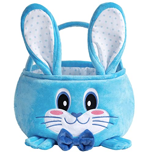 HiChen Easter Basket Empty Bunny Cute Furry Basket with Handles Easter Baskets for Kids Candy Egg Bag Small Gift Basket with Decorative Rabbit Pattern, Blue