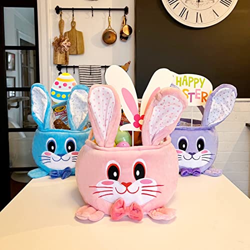 HiChen Easter Basket Empty Bunny Cute Furry Basket with Handles Easter Baskets for Kids Candy Egg Bag Small Gift Basket with Decorative Rabbit Pattern, Blue