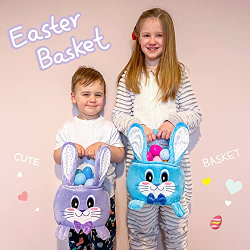 HiChen Easter Basket Empty Bunny Cute Furry Basket with Handles Easter Baskets for Kids Candy Egg Bag Small Gift Basket with Decorative Rabbit Pattern, Blue