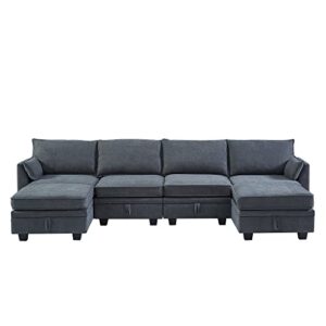 MOEO U Shape Modular Living Room Convertible Sectional Sofa, 6 Piece Couch with Storage and Two Pillows, Polyester Linen Fabric, Easy to Install, for Home, Office, Dark Gray