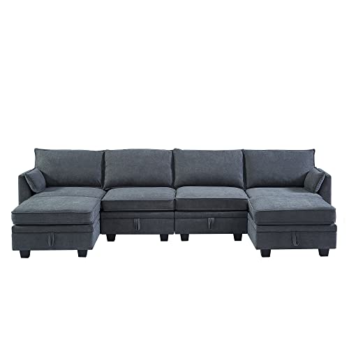 MOEO U Shape Modular Living Room Convertible Sectional Sofa, 6 Piece Couch with Storage and Two Pillows, Polyester Linen Fabric, Easy to Install, for Home, Office, Dark Gray