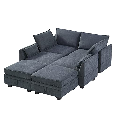 MOEO U Shape Modular Living Room Convertible Sectional Sofa, 6 Piece Couch with Storage and Two Pillows, Polyester Linen Fabric, Easy to Install, for Home, Office, Dark Gray