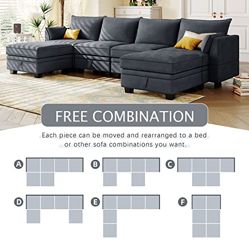 MOEO U Shape Modular Living Room Convertible Sectional Sofa, 6 Piece Couch with Storage and Two Pillows, Polyester Linen Fabric, Easy to Install, for Home, Office, Dark Gray