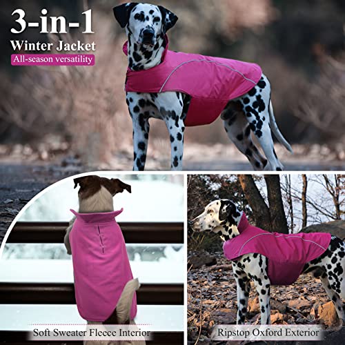 VIVAGLORY 3-in-1 Dog Coats Lined with Fleece, Reflective Water-Resistant Cold Weather Dog Coats, Wind Breaker, Warm Sweater with Leash Portal, Dog Winter Coats for Large Dogs