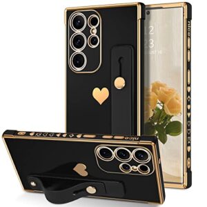 BENTOBEN Galaxy S23 Ultra Case with Adjustable Wristband Strap Kickstand,Slim Luxury Heart Design Plated Soft Bumper Women Men Girl Protective Cover Case for Samsung Galaxy S23 Ultra 6.8",Black/Gold