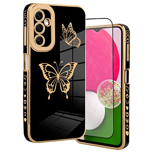 BITOBE Designed for Samsung A14 5G Case Butterflies Design with Screen Protector for Women Girls,Cute Luxury Plating Full Camera Lens Protection Cover for Galaxy A14 5G -Black