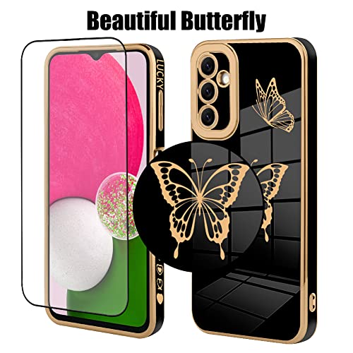 BITOBE Designed for Samsung A14 5G Case Butterflies Design with Screen Protector for Women Girls,Cute Luxury Plating Full Camera Lens Protection Cover for Galaxy A14 5G -Black