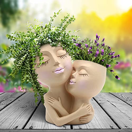 WEWEOW Face Planter Pot - Double Flower Pots in One for Indoor Outdoor Plants Resin Head Planter with Drainage Hole Cute Lady Face Plant Pots, DIY Gifts for Family and Friends