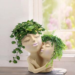 WEWEOW Face Planter Pot - Double Flower Pots in One for Indoor Outdoor Plants Resin Head Planter with Drainage Hole Cute Lady Face Plant Pots, DIY Gifts for Family and Friends