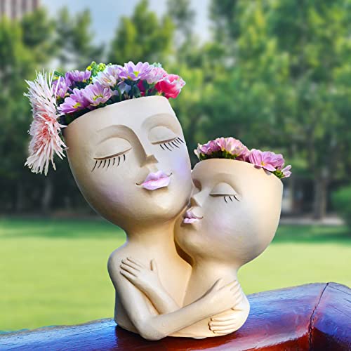 WEWEOW Face Planter Pot - Double Flower Pots in One for Indoor Outdoor Plants Resin Head Planter with Drainage Hole Cute Lady Face Plant Pots, DIY Gifts for Family and Friends