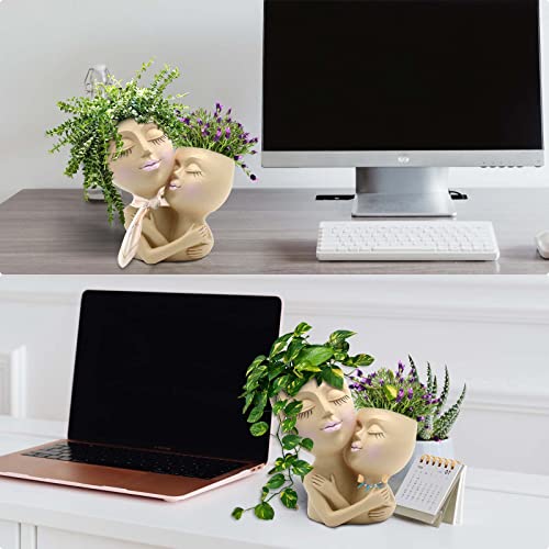 WEWEOW Face Planter Pot - Double Flower Pots in One for Indoor Outdoor Plants Resin Head Planter with Drainage Hole Cute Lady Face Plant Pots, DIY Gifts for Family and Friends