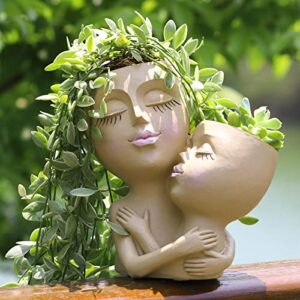 WEWEOW Face Planter Pot - Double Flower Pots in One for Indoor Outdoor Plants Resin Head Planter with Drainage Hole Cute Lady Face Plant Pots, DIY Gifts for Family and Friends