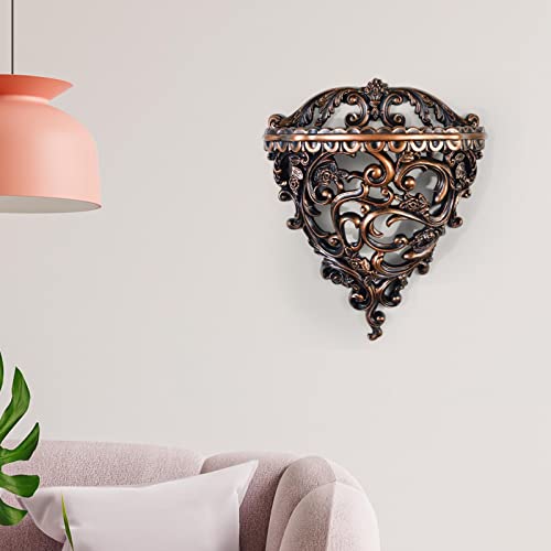 Retro Wall Floating Shelves Decoration Hollow Flower Carving Wall Art Flower Pot Stand Holder Wall Mounted Hanging Shelf Resin for Hallway, L Bronze