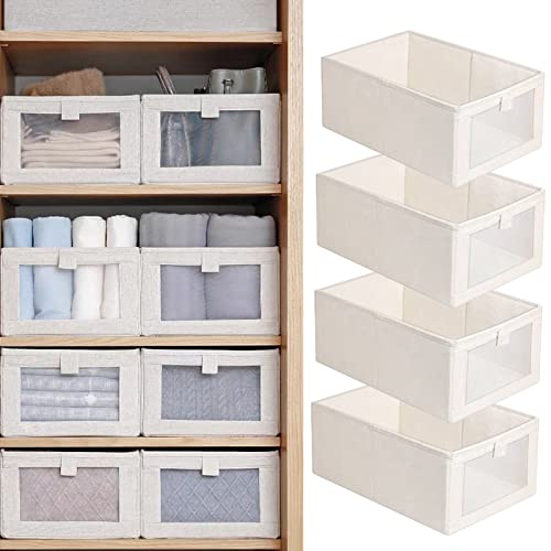 Fordonral 4 Pack Linen Storage Bins, Storage Containers for Organizing Clothing, Jeans, Toys, Books, Shelves, Closet, Wardrobe - Closet Organizers and Storage, Large Storage Boxes Baskets with Window